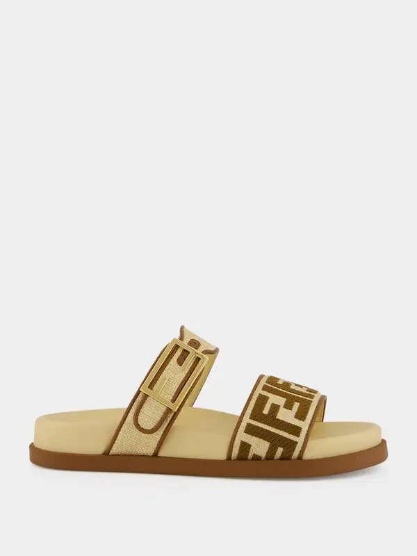 Fendi Raffia And Leather Slides - Brown