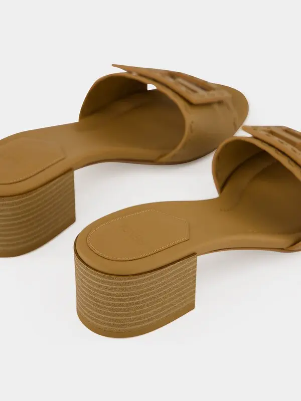 Fendi Baguette Heeled Leather Slides - Brown
