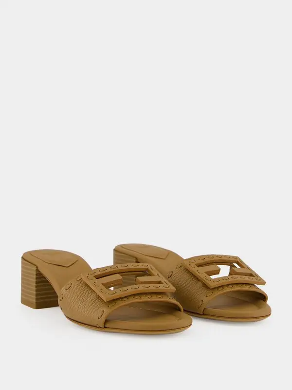 Fendi Baguette Heeled Leather Slides - Brown