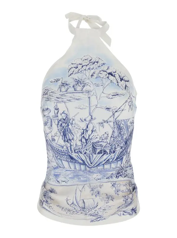 FERRAGAMO Blue Sleeveless Top With Halterneck And All-over Print In Silk For - Multicolor