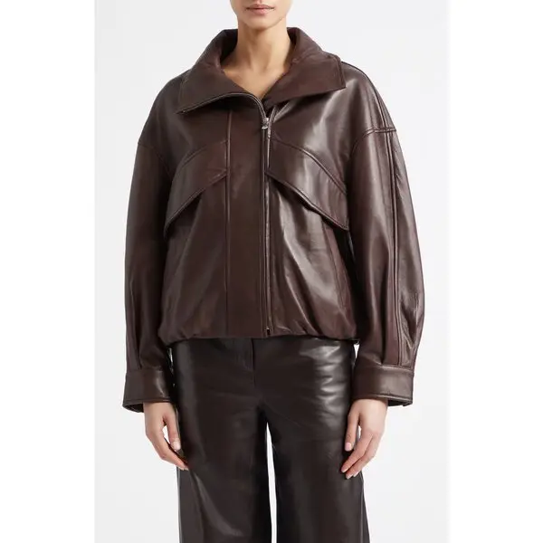 Nour Hammour Roland Sculpted Leather Bomber Jacket - Brown