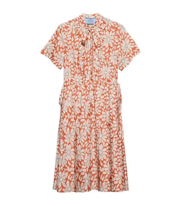 Prada Floral Print Pleated Midi Shirt Dress - Orange