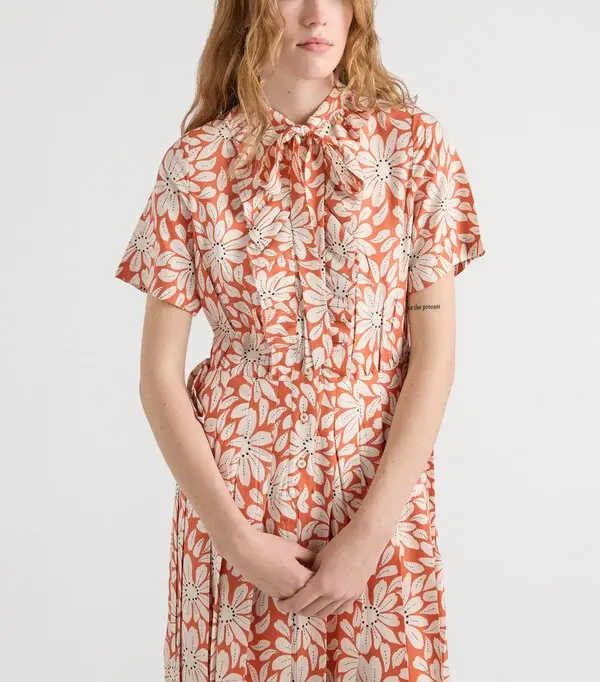 Prada Floral Print Pleated Midi Shirt Dress - Orange
