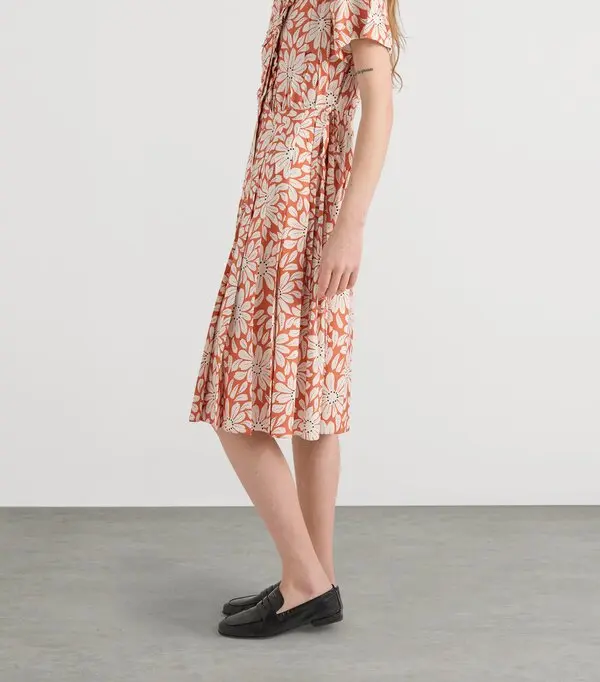 Prada Floral Print Pleated Midi Shirt Dress - Orange