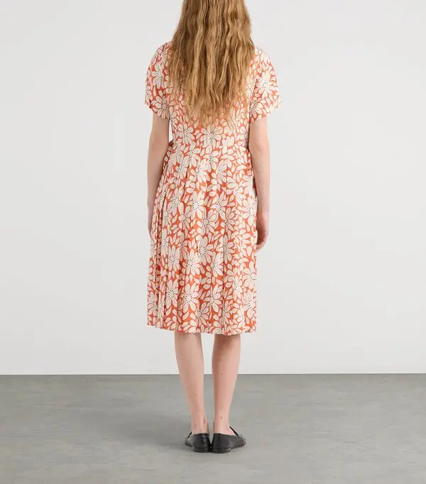 Prada Floral Print Pleated Midi Shirt Dress - Orange
