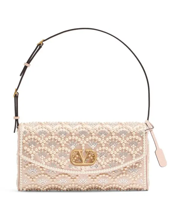 Valentino Garavani Embellished Devain Shoulder Bag - Nude