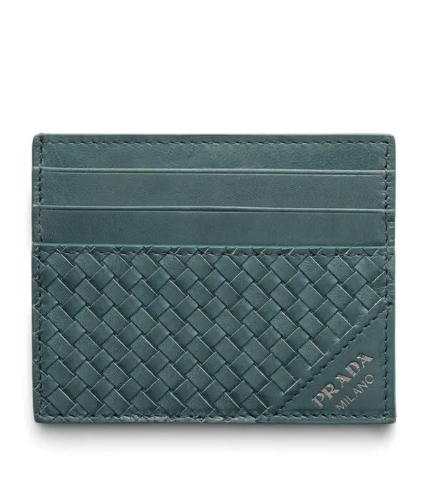 Prada Leather Woven Card Holder - Blue