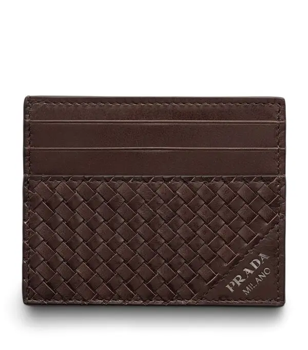 Prada Leather Woven Card Holder - Brown