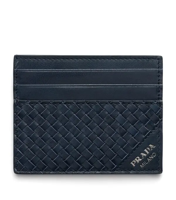 Prada Leather Woven Card Holder - Blue