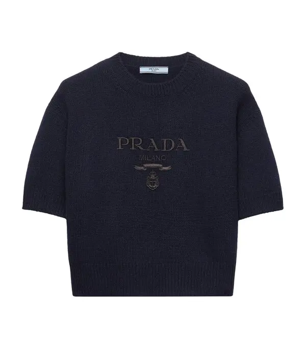 Prada Wool-cashmere Crew Neck Sweater With Embroidered Logo