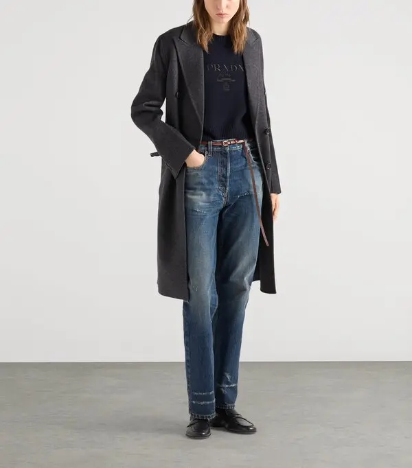 Prada Wool-cashmere Crew Neck Sweater With Embroidered Logo