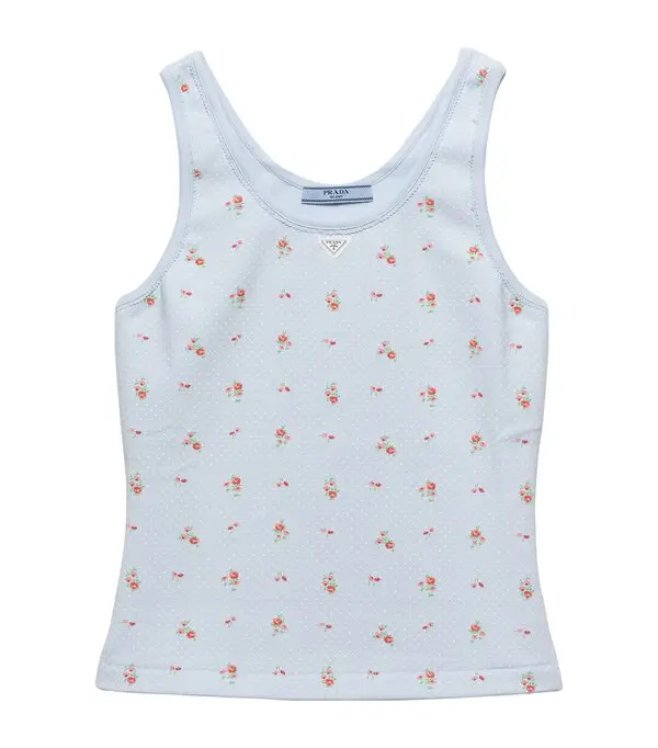Prada Stretch-cotton Floral Tank Top - Turquoise