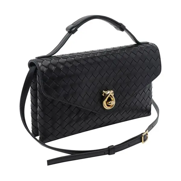 Bottega Veneta Knot Lock Woven Leather Shoulder Bag - Black
