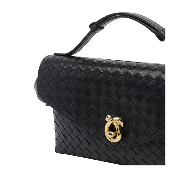 Bottega Veneta Knot Lock Woven Leather Shoulder Bag - Black