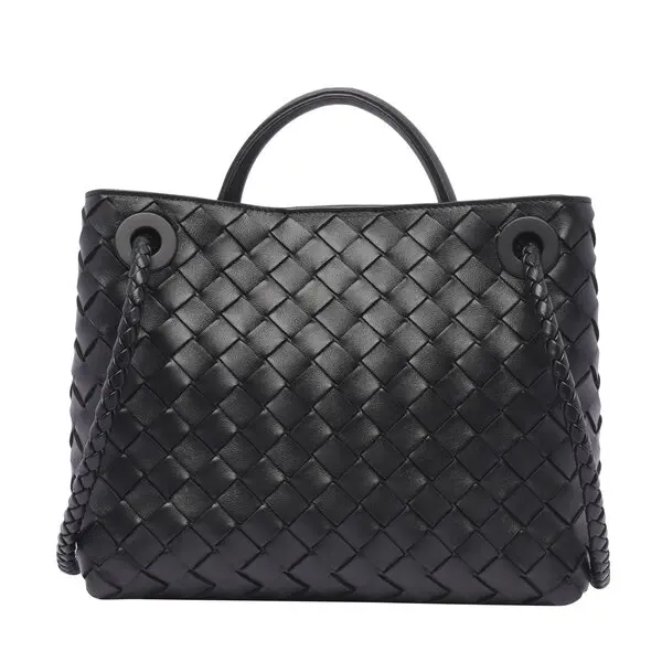 Bottega Veneta Small Andiamo Woven Lamb Leather Top Handle Bag With Gold Tone Hardware - Black