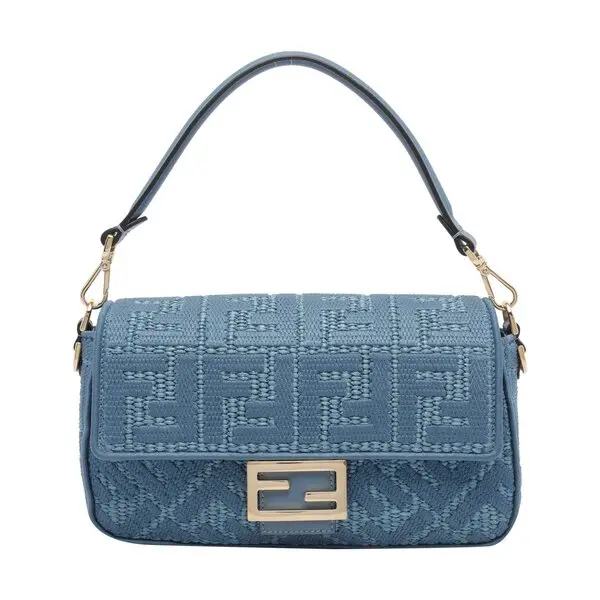 Fendi Braided Raffia Baguette With Ff Embroidery - Blue