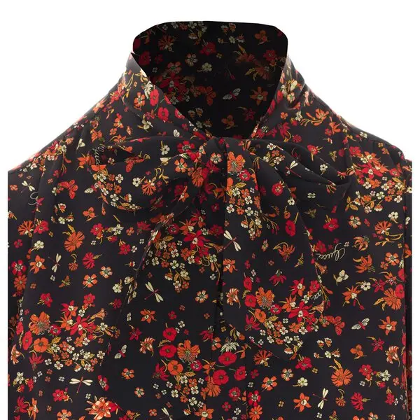 Gucci Printed Silk Long-sleeve Shirt With Pussybow Collar - Black