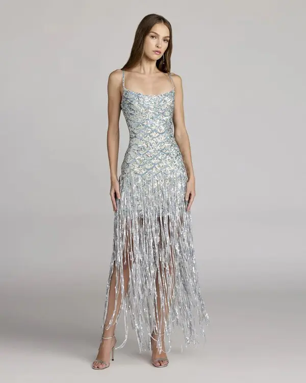 Mac Duggal Blue Silver Sequin Fringe Midi Dress - Nude Silver