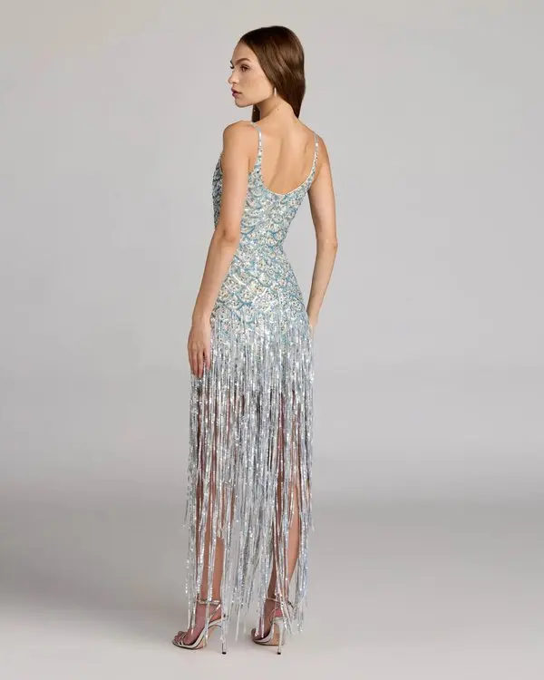 Mac Duggal Blue Silver Sequin Fringe Midi Dress