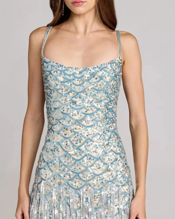 Mac Duggal Blue Silver Sequin Fringe Midi Dress