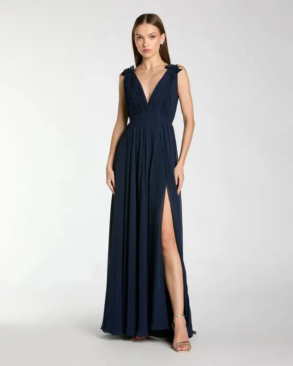 Mac Duggal Petite Pleated Chiffon Sleeveless V-neck Gown - Navy