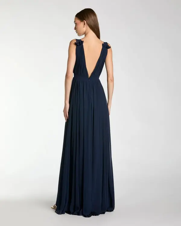 Mac Duggal Petite Pleated Chiffon Gown With Plunging V-neckline And Slit - Navy