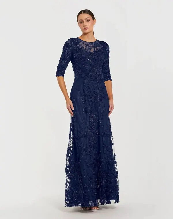 Mac Duggal Petite High Neck Embellished Lace Gown With 3/4 Sleeves - Navy