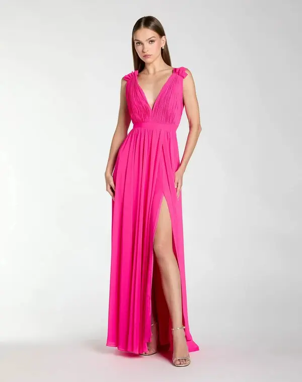 Mac Duggal Petite Sleeveless Pleated Chiffon V-neck Gown - Pink