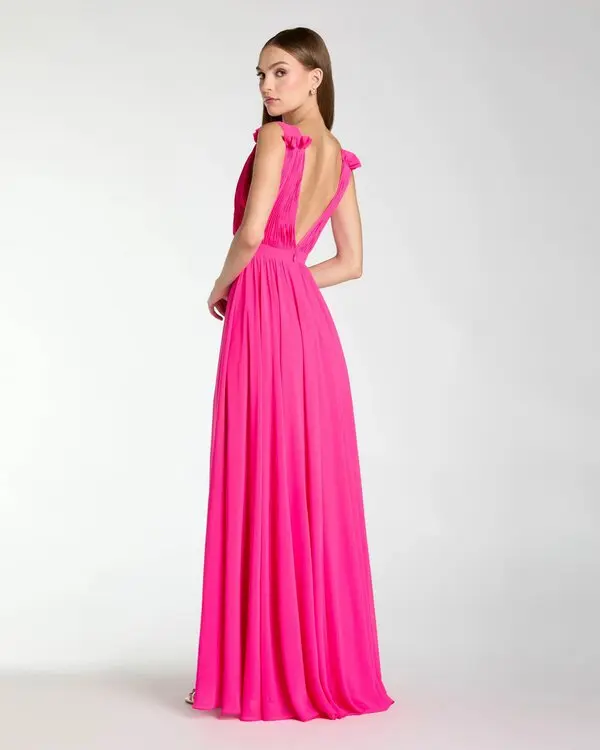 Mac Duggal Sleeveless Pleated Chiffon Gown With Plunging Neckline - Pink
