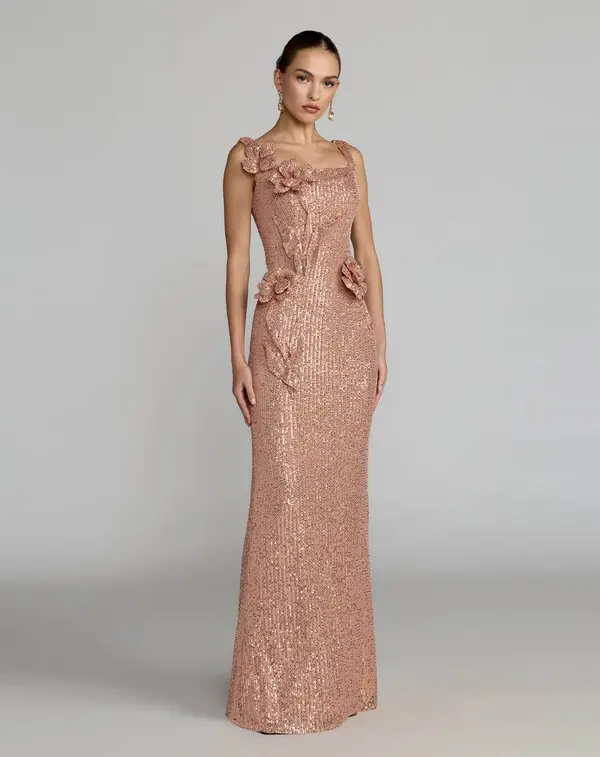 Mac Duggal Light Pink Sequin Column Gown With 3d Flowers - Copper