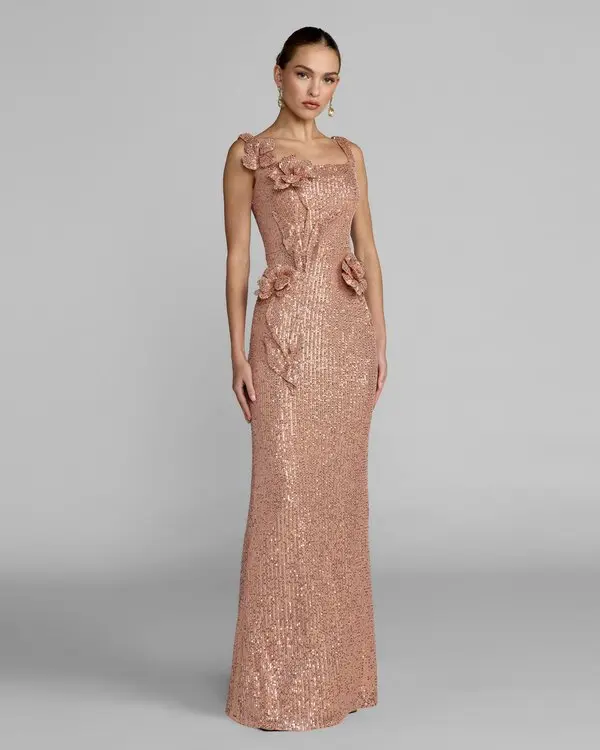 Mac Duggal Light Pink Sequin Column Gown With 3d Flowers - Copper