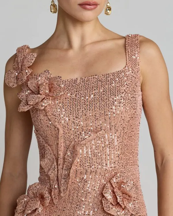 Mac Duggal Sequin Gown With 3d Floral Appliques