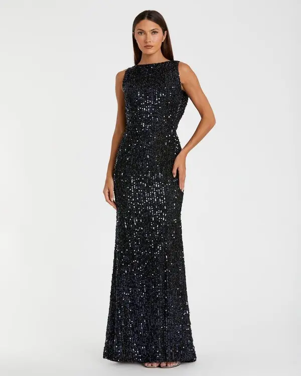Mac Duggal Petite Cowl Back Boat Neck Sequined Evening Gown - Navy