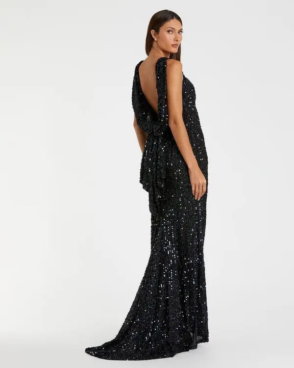 Mac Duggal Petite Sequin Evening Gown With Cowl Back - Navy