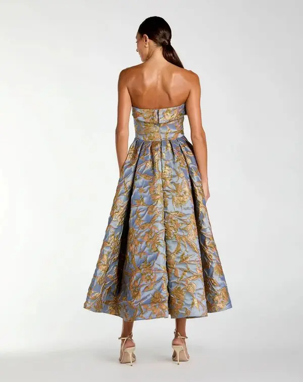 Mac Duggal Strapless Floral Brocade Midi Dress With Pockets