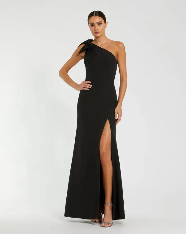 Mac Duggal Petite Crepe One Shoulder Fitted Evening Gown With Bow - Black