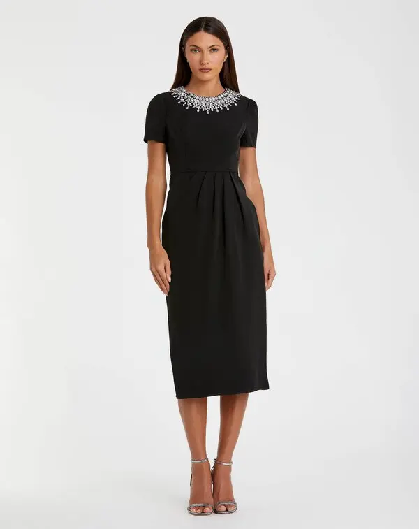 Mac Duggal Petite Short Sleeve Rhinestone Neckline Midi Dress - Black