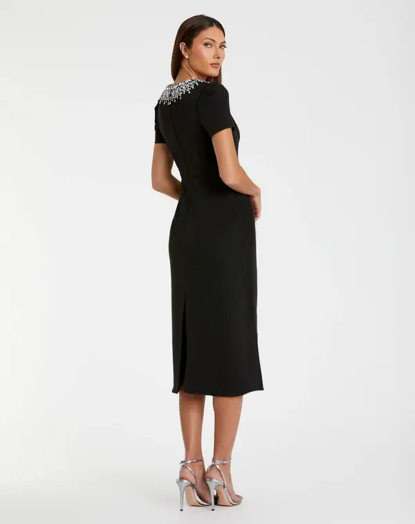 Mac Duggal Petite Short Sleeve Rhinestone Neckline Midi Dress - Black