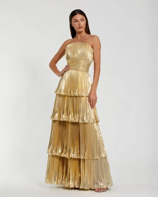 Mac Duggal Petite Strapless Metallic Tiered Ruffle Gown - Gold