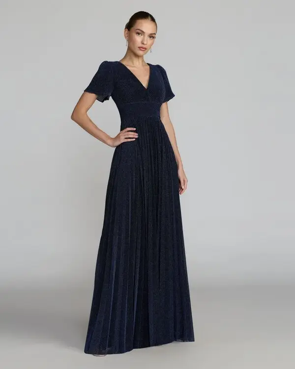 Mac Duggal Petite Pleated Metallic Flutter Sleeve Gown - Navy