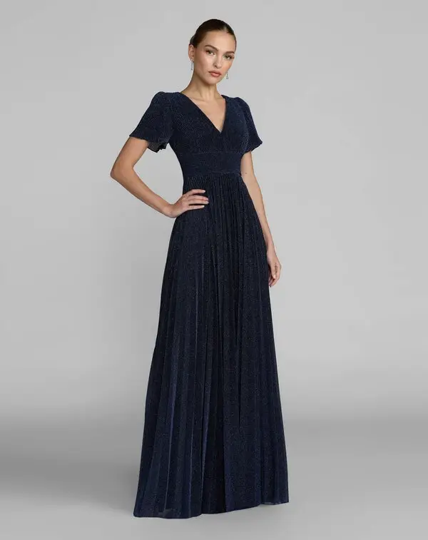 Mac Duggal Pleated Metallic Flutter Sleeve A Line Gown - Navy