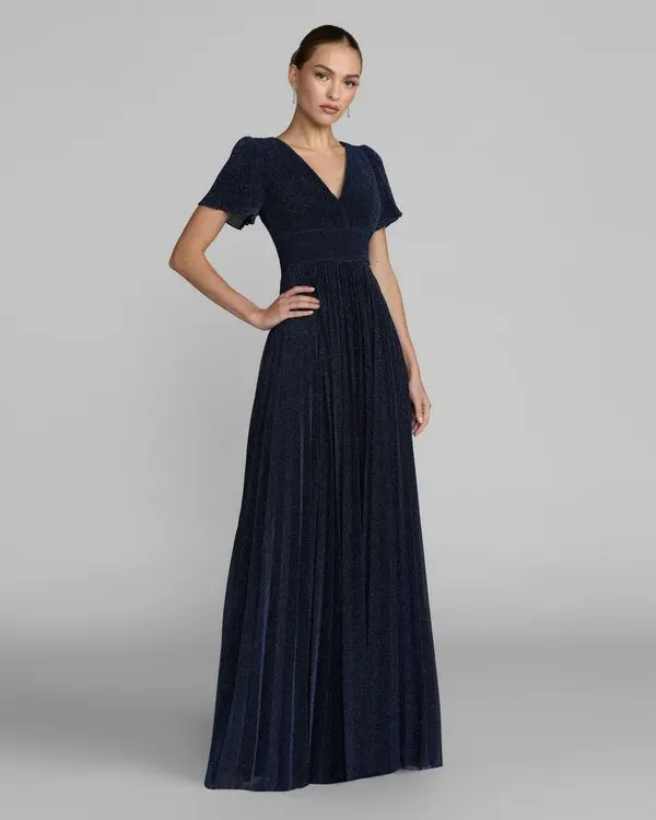 Mac Duggal Metallic Pleated Flutter Sleeve A-line Gown - Navy