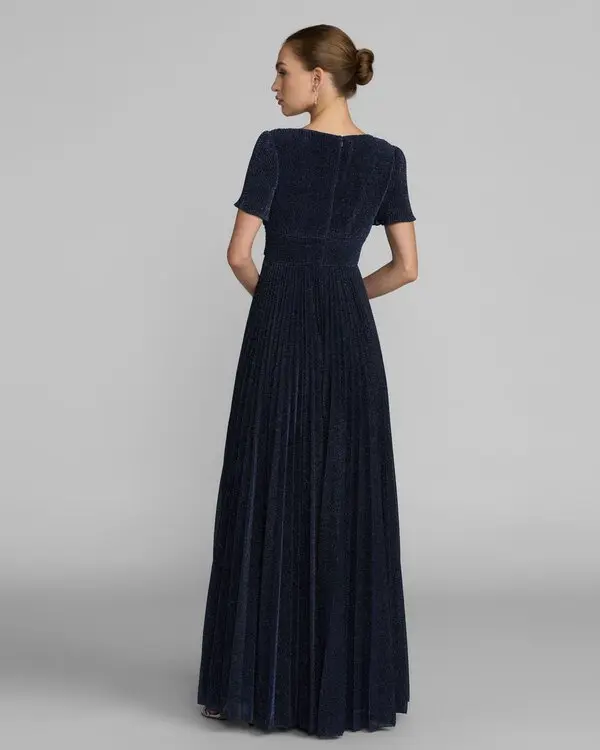 Mac Duggal Metallic Pleated Flutter Sleeve Gown