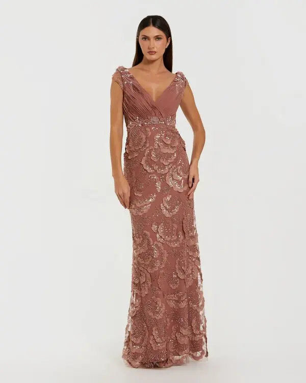 Mac Duggal Petite Floral Beaded Chiffon V-neck Evening Gown - Pink