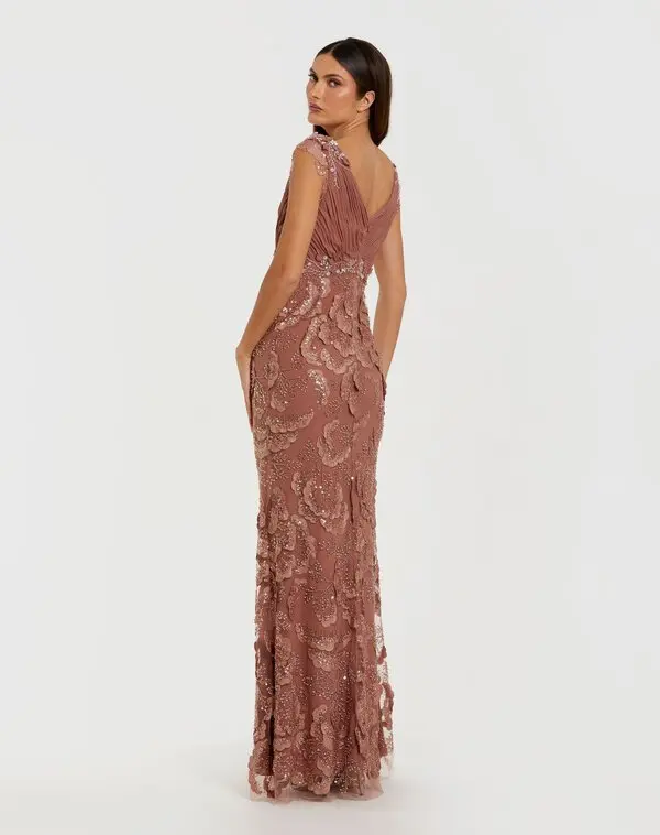 Mac Duggal Petite Floral Beaded Chiffon V-neck Evening Gown