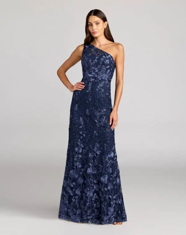 Mac Duggal Petite One-shoulder Floral Embroidered Gown