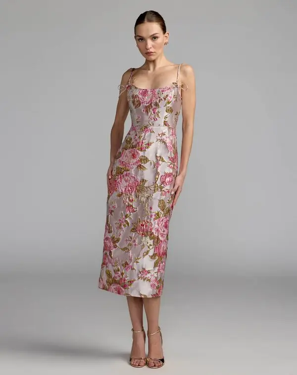 Mac Duggal Light Pink Floral Brocade Bow Strap Midi Dress - Pink Multi