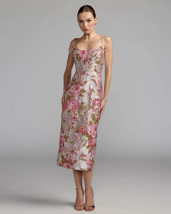 Mac Duggal Floral Brocade Midi Dress - Pink Multi