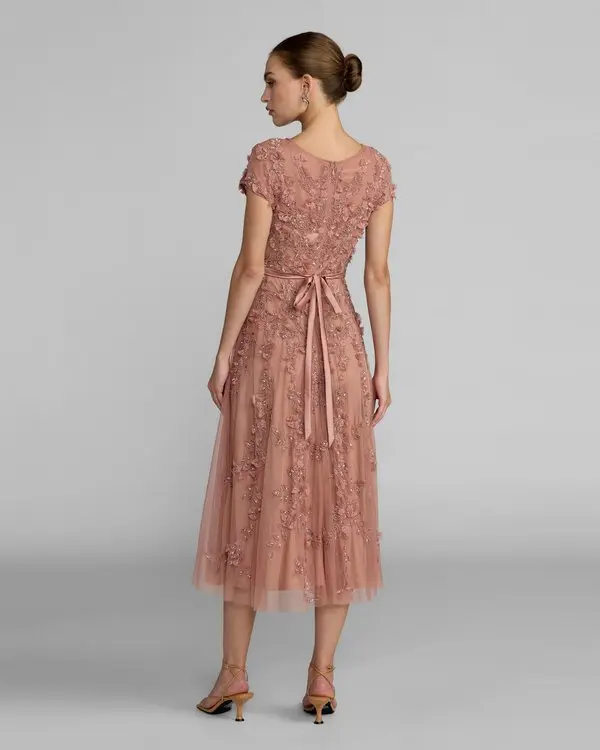 Mac Duggal Floral Embellished Cap Sleeve Midi Dress - Pink