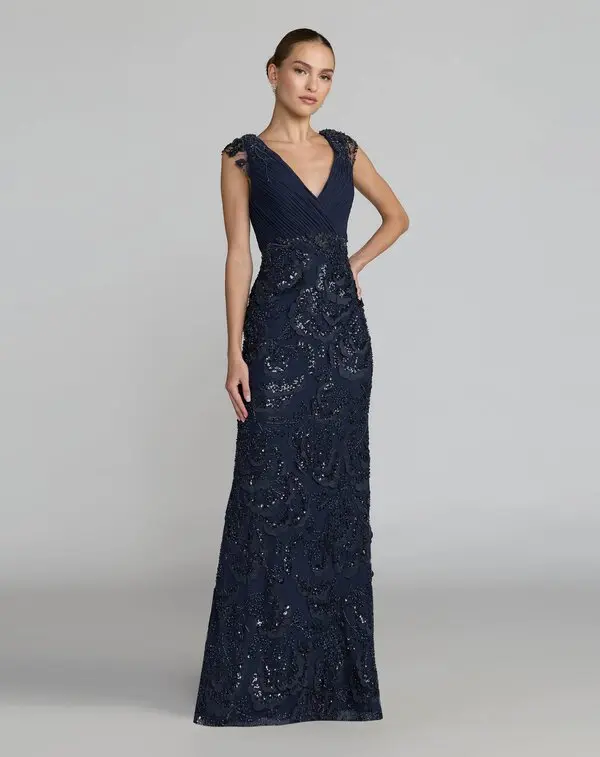 Mac Duggal Floral Beaded Chiffon V-neck Evening Gown - Navy